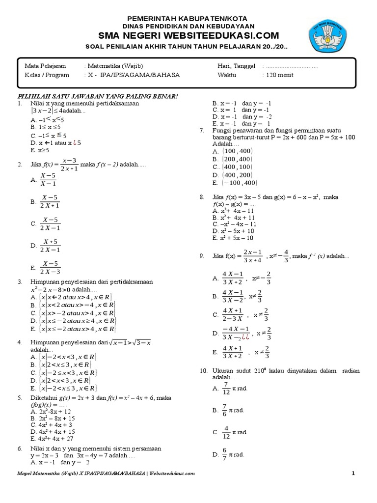 Soal PAT Kelas X - MTK Wajib (Websiteedukasi - Com) /latihan 1/soal PAT MTK Wajib Kelas X K13 | PDF