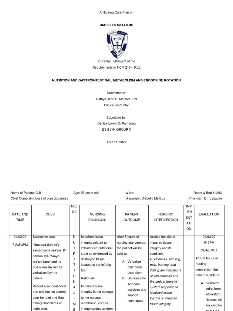 NCP Diabetes Mellitus | PDF | Wound | Pain