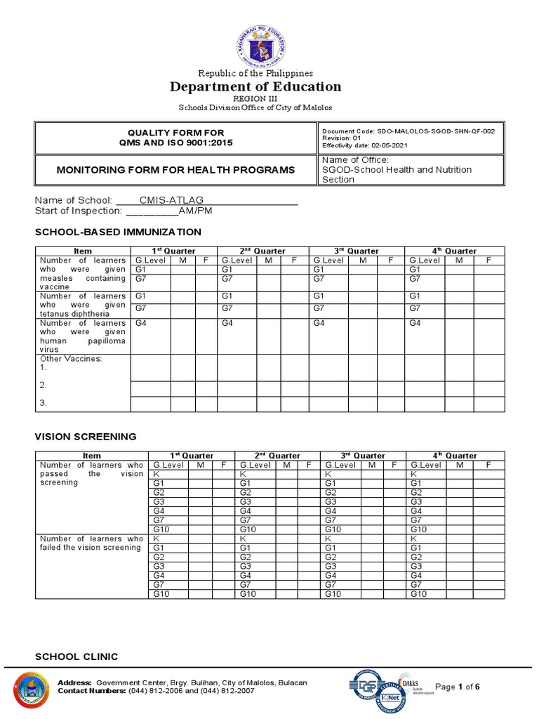 QF2 Monitoring Form For Health Programs 2 | PDF | Vaccines | Foods