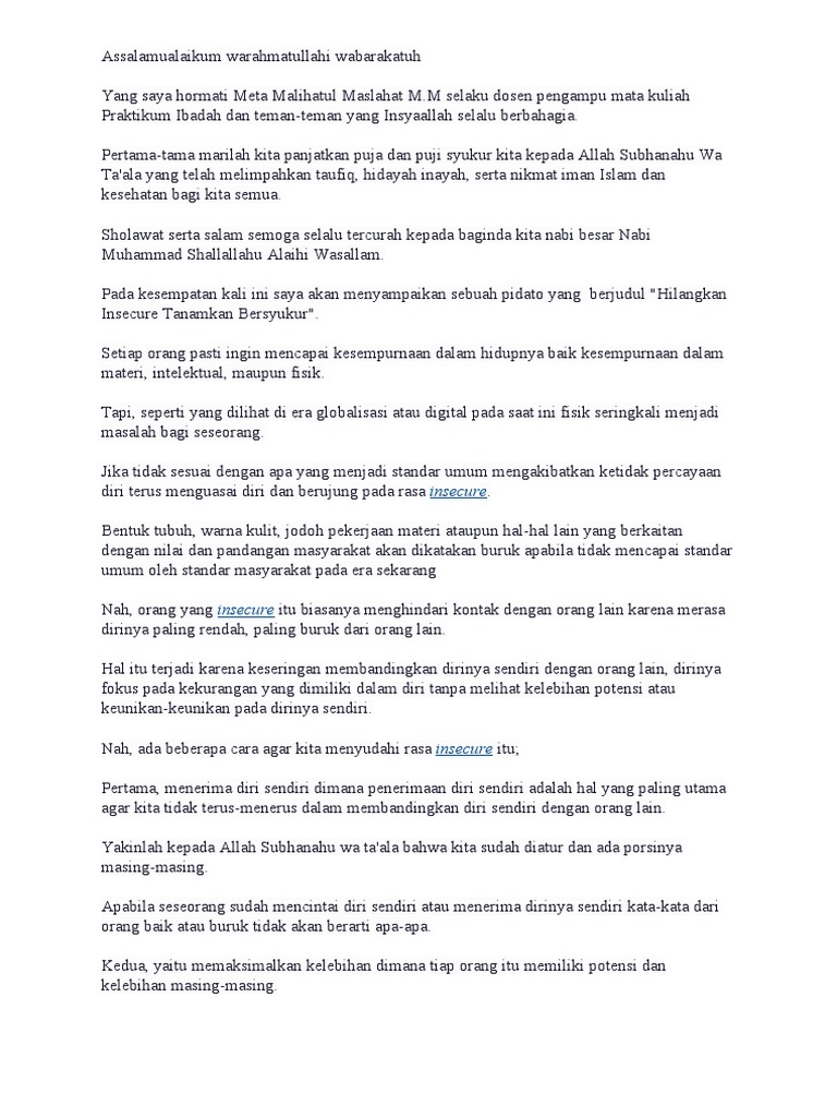 Khitobah Tentang Rasa Syukur Judul Hilangkan Insecure Tanamkan ...