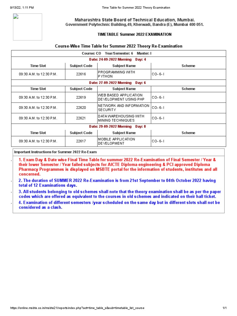 Time Table For Summer 2022 Theory Examination | PDF | Academic Term ...