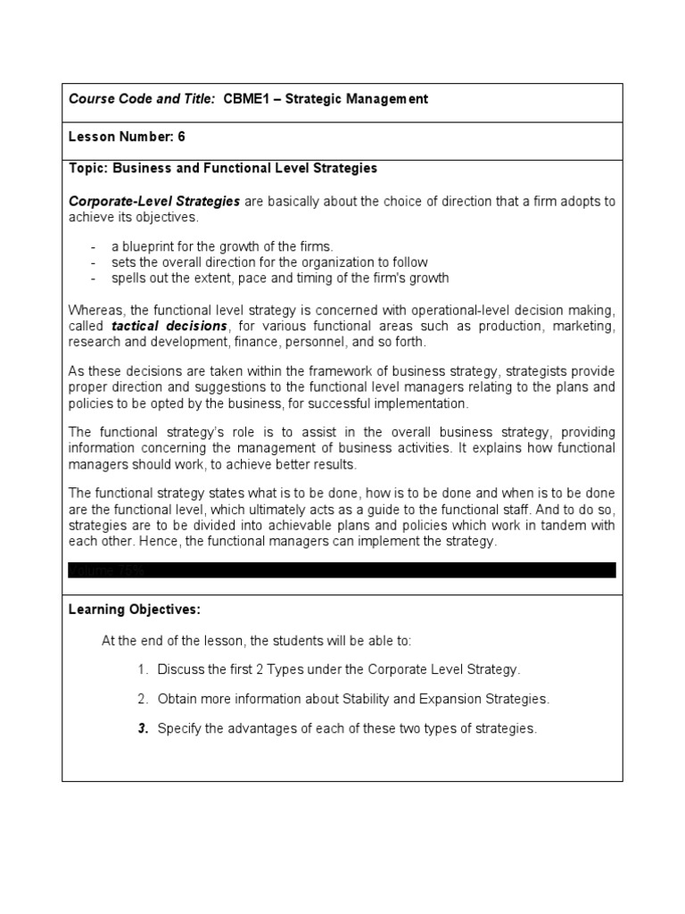 (6 MODULE) Business and Functional Level Strategies | PDF | Strategic Management | Market ...