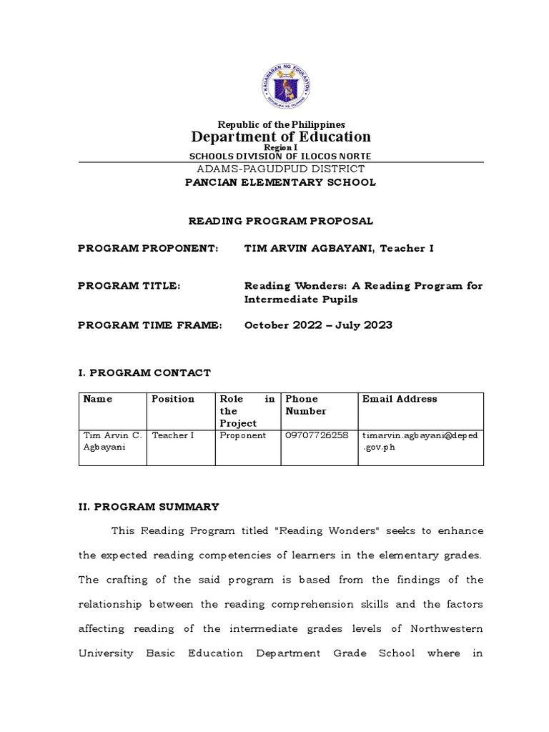 Pancian Reading Program 2022 | PDF | Reading Comprehension | Literacy