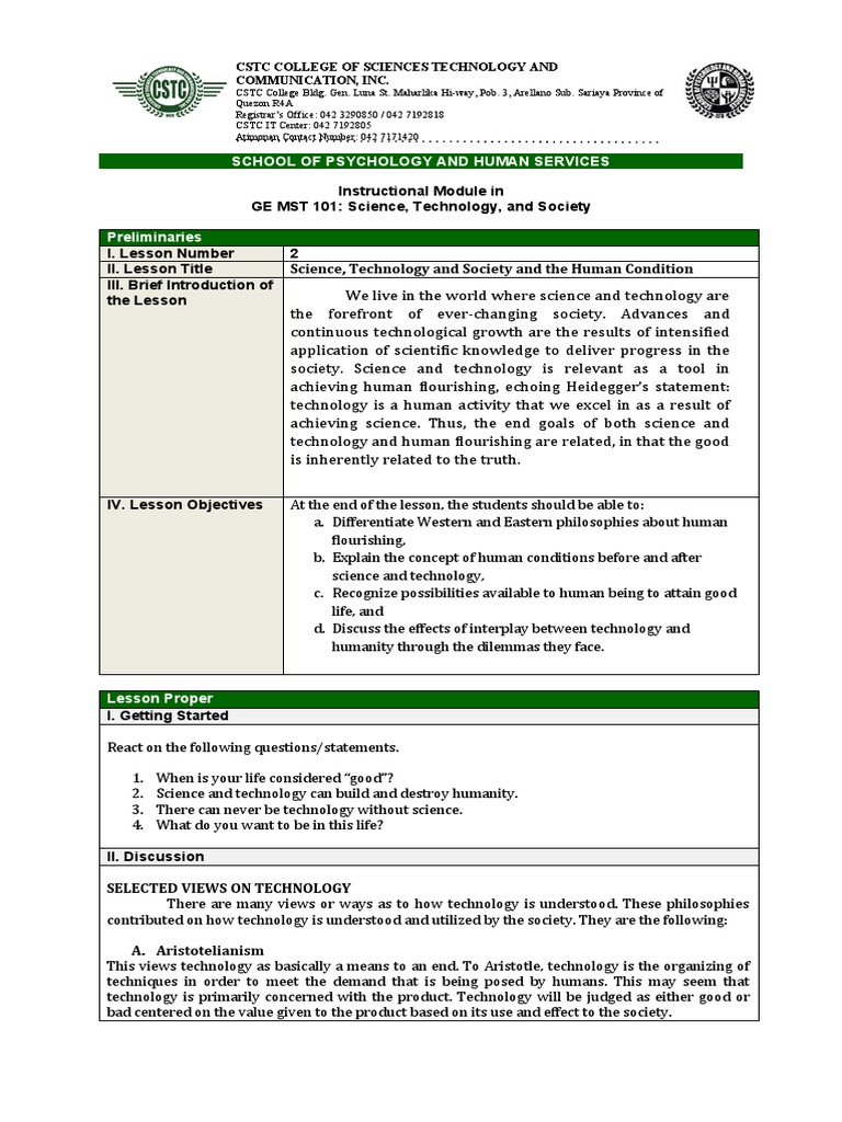 GE MST 101 Lesson 2 Science Technology and Society and The Human Condition | PDF | Happiness | Robot