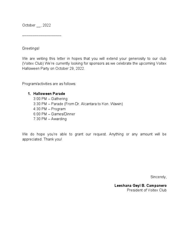 Halloween Party Sponsorship Request | PDF