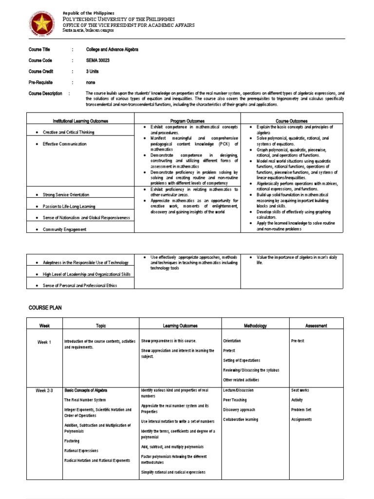 OBE SYLLABUS College and Advance Algebra 2022 | PDF | Polynomial ...