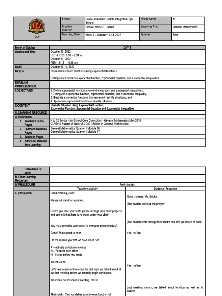 Day1 Genmath Patawe DLP | PDF | Exponential Function | Function (Mathematics)