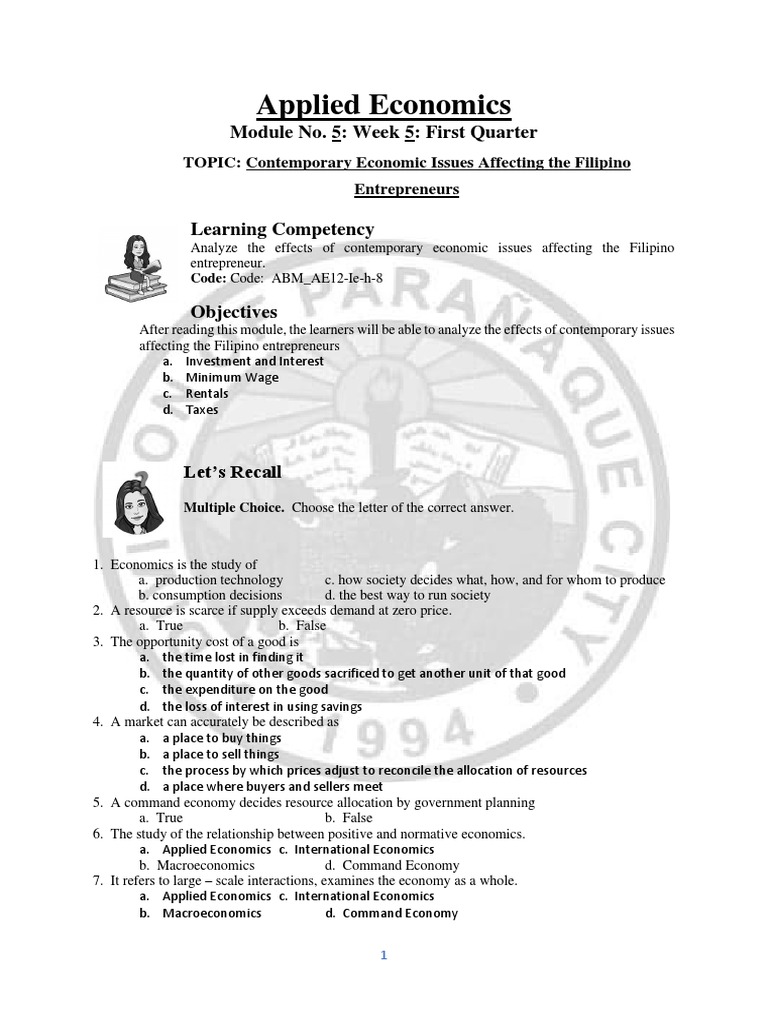 Applied Economics: Module No. 5: Week 5: First Quarter | PDF ...