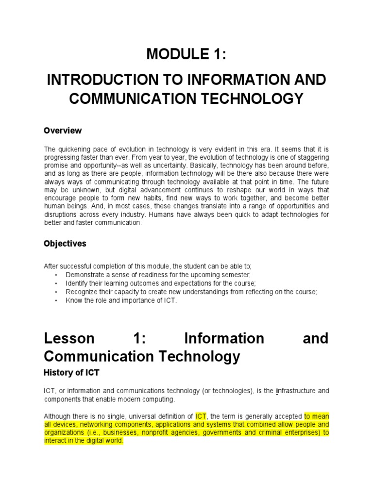 Introduction To Information and Communication Technology | PDF | Educational Technology ...