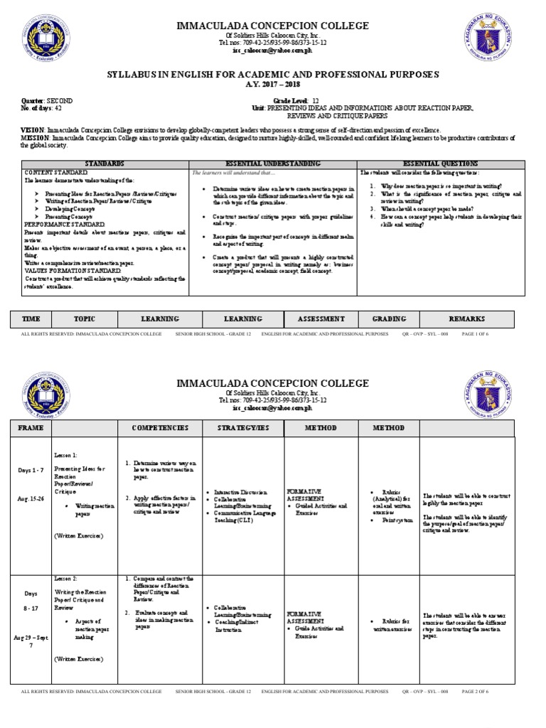 2ND SYLLABUS English For Academic and Professional Purposes | PDF ...