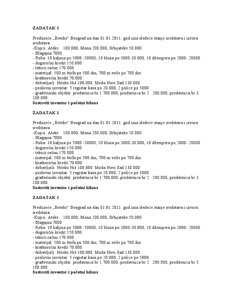 Zadatak 1 Vec5bebanje Inventar Bilans | PDF