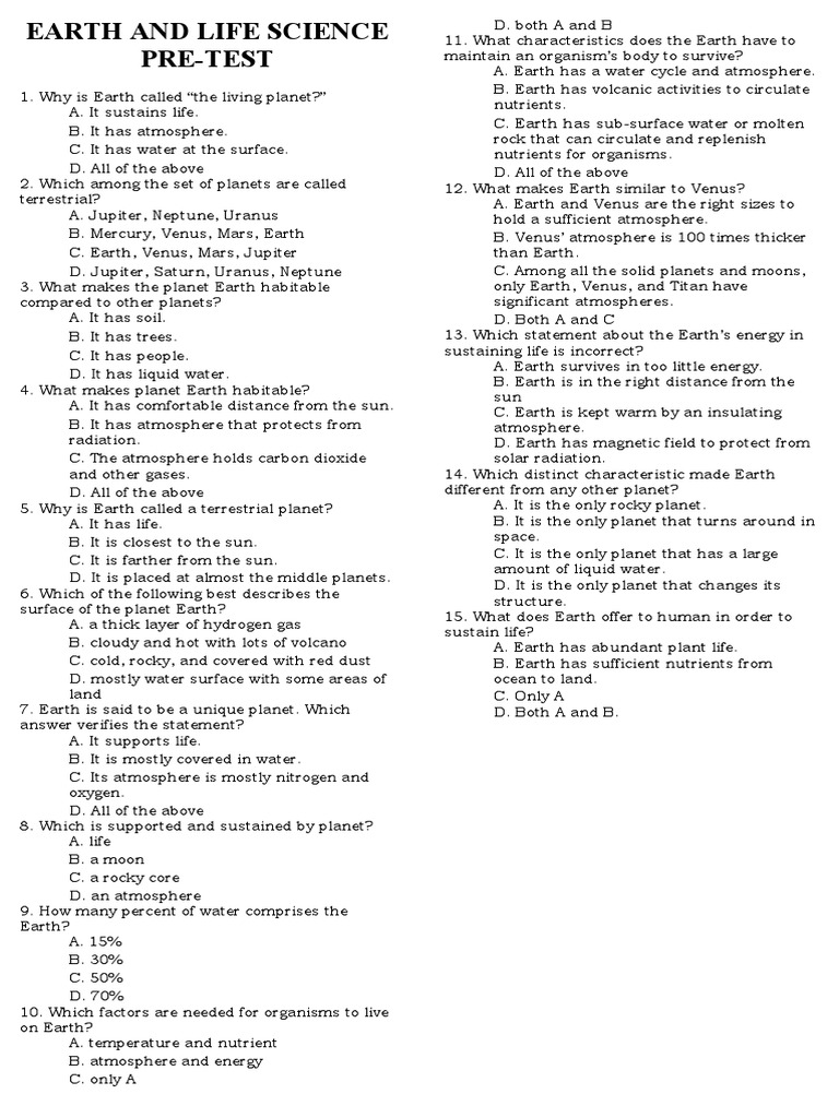 Earth and Life Science Pretest | PDF | Atmosphere | Earth