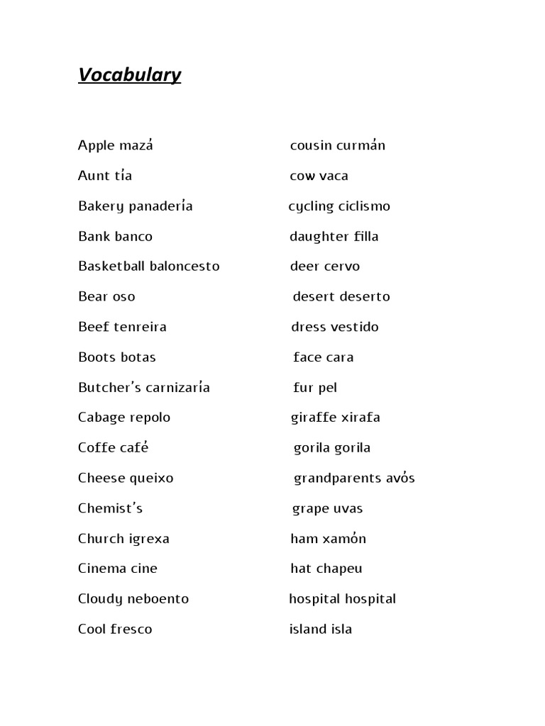 A Comprehensive Spanish to English Vocabulary List Covering a Wide ...