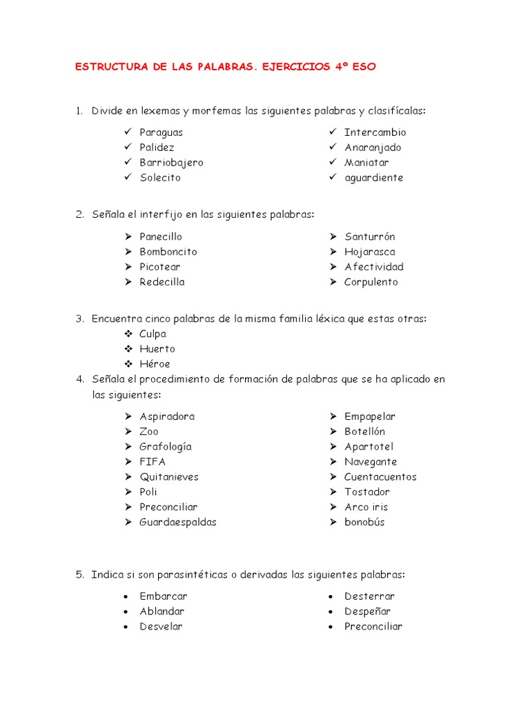ESTRUCTURA DE LAS PALABRAS. Ejercicios | PDF | Lingüística | Morfología Lingüística