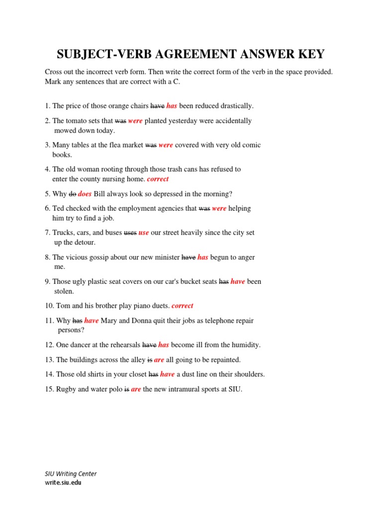 Subject Verb Agreement Answer Key | PDF