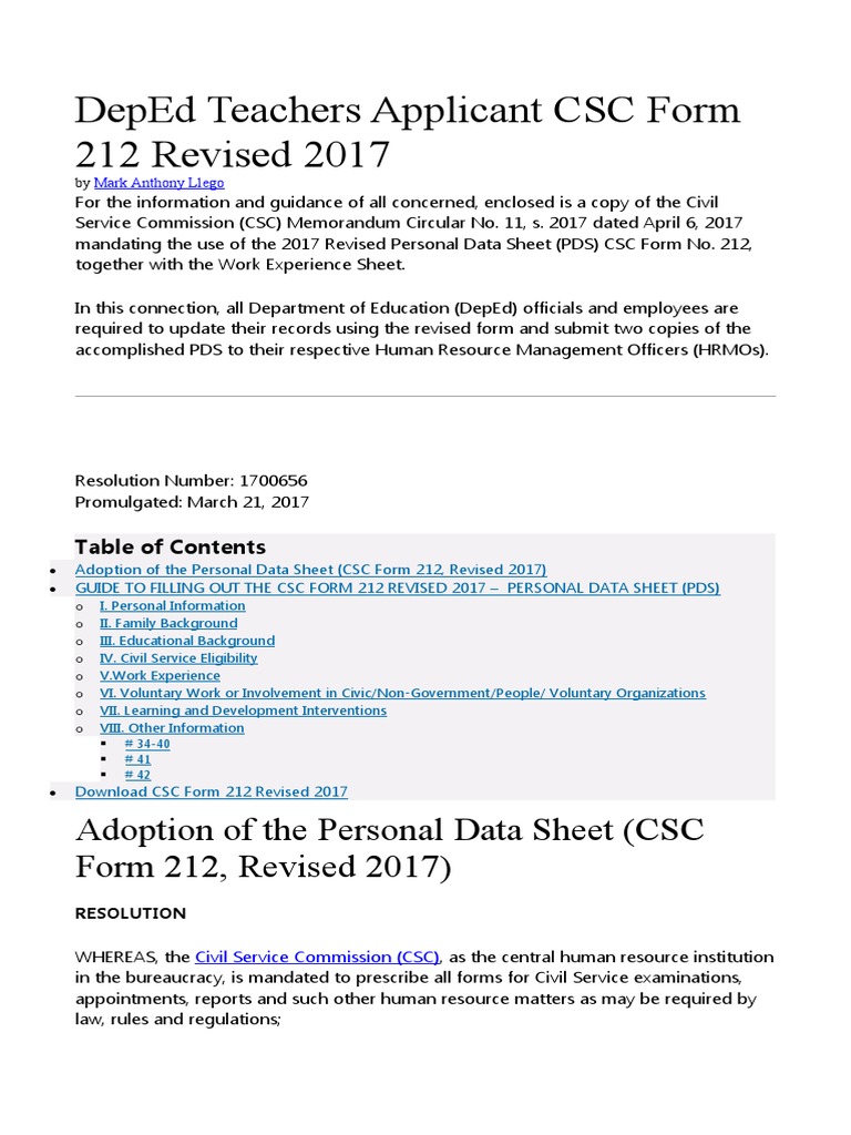 DepEd CSC Form 212 Guide 2017 | PDF | Academic Degree | Bachelor's Degree
