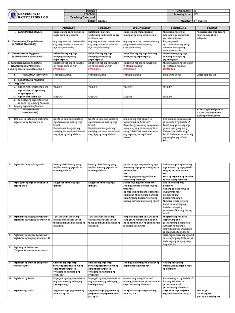 Grade 4 DLL EPP 4 Q4 Week 1 | PDF