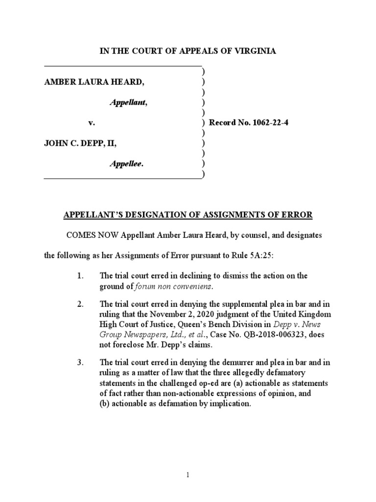 Appellants Designation of Assignments of Error Amber Heard | PDF ...