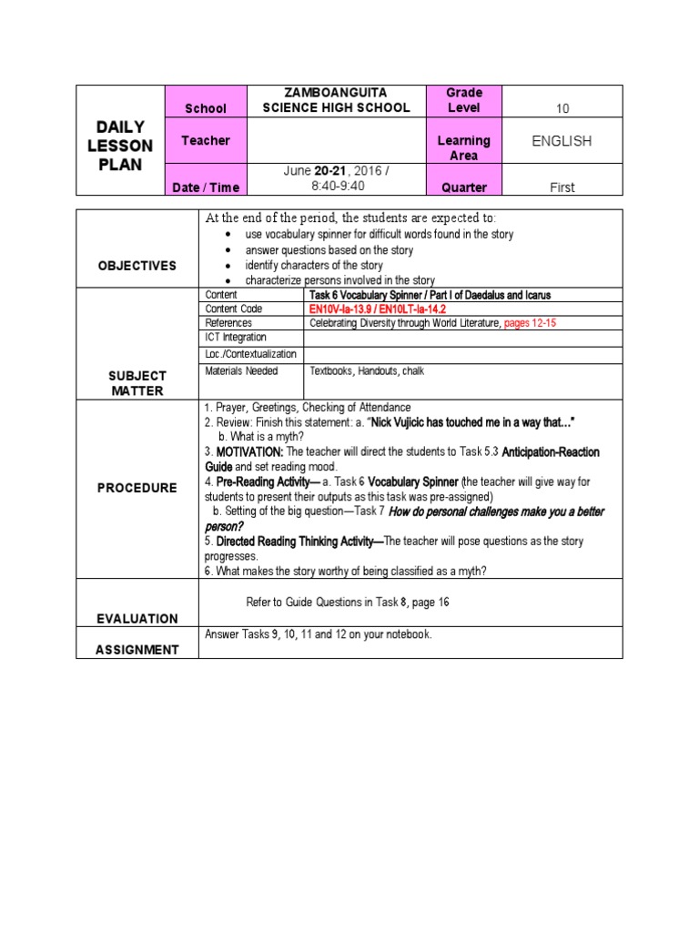 Daily Lesson Plan: English | PDF