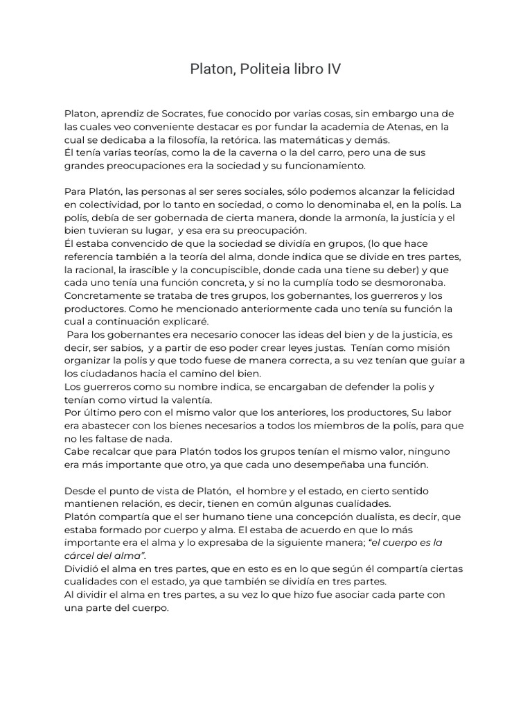 Platon, Politeia Libro IV | PDF | Platón | Alma