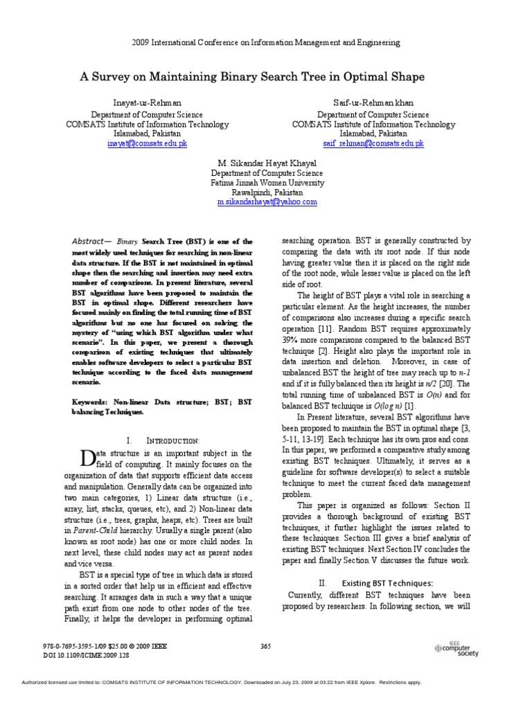A Survey On Maintaining Binary Search Tree in Optimal Shape | PDF ...