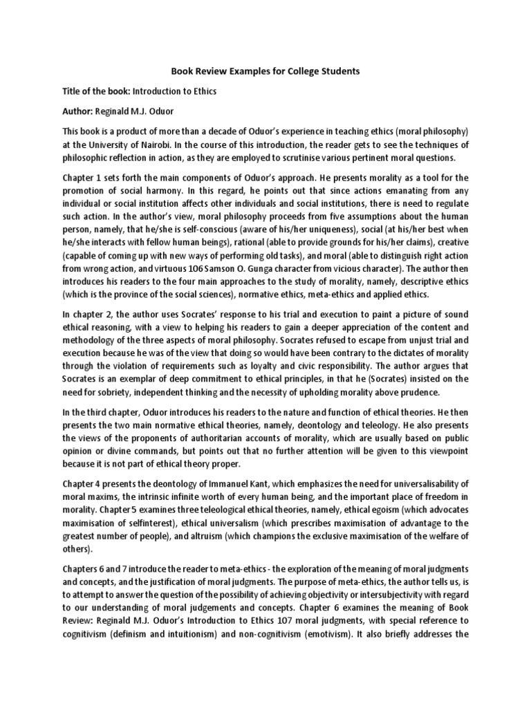 Book Review Examples For College School Students | PDF | Morality ...