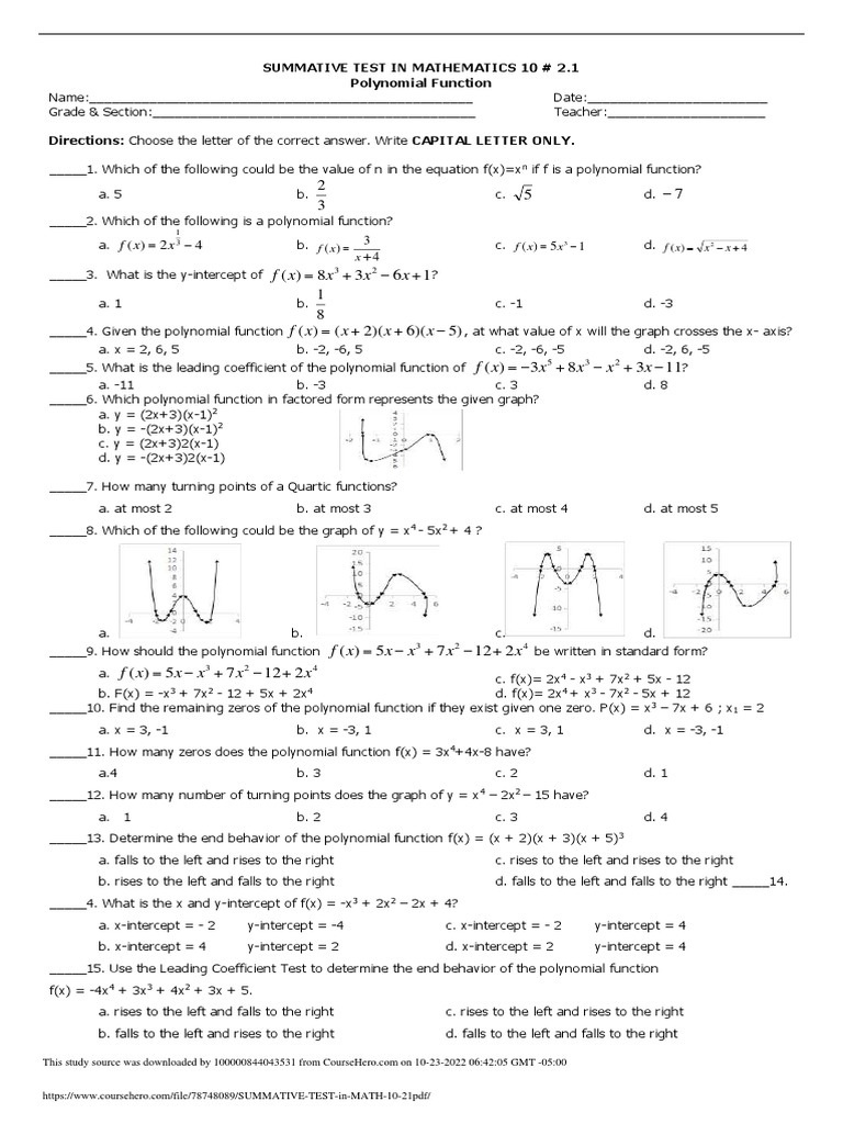 Grade 10 Polynomial Function Test | PDF | Polynomial | Zero Of A Function