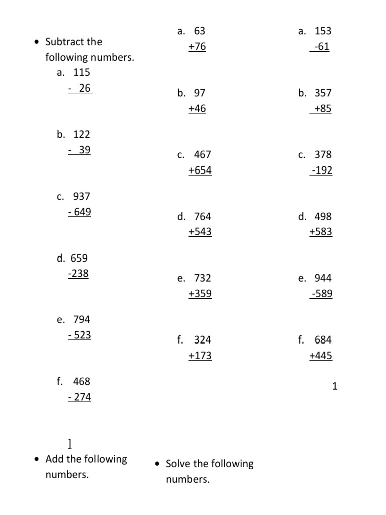 Math Drills Addition & Subraction 1 | PDF