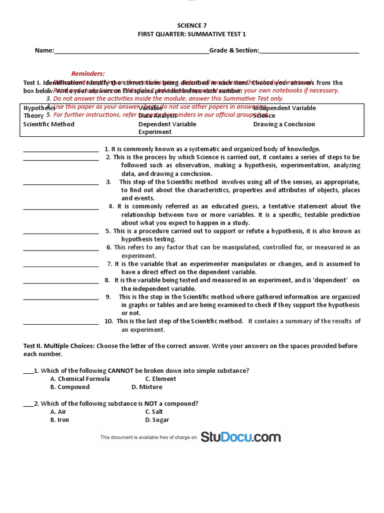 Grade 7 Science Summative Test 1 | PDF | Chemical Substances | Chemical ...