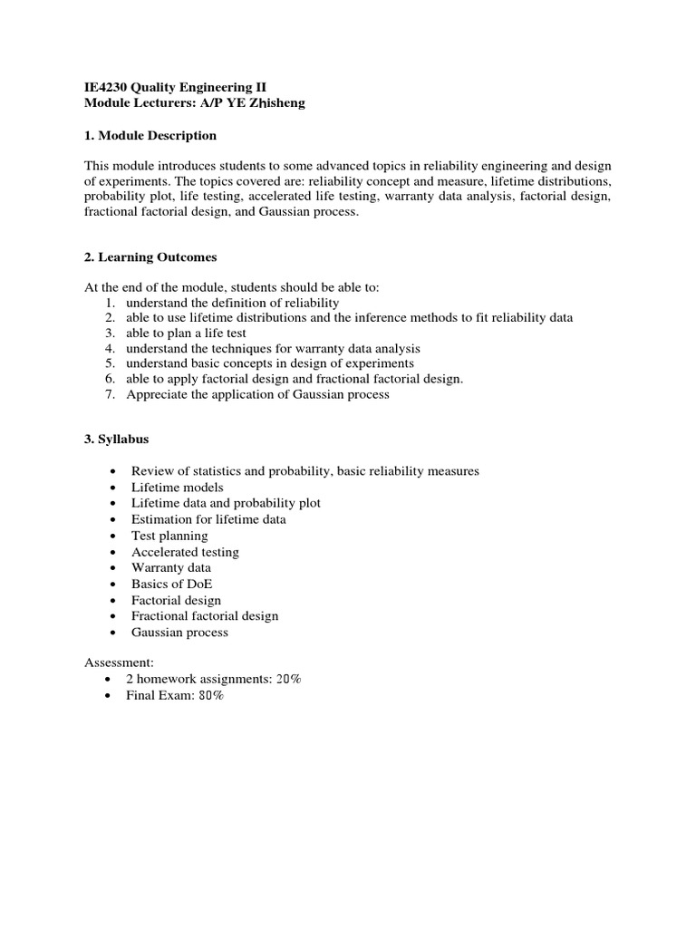IE4230 Quality Engineering II | PDF