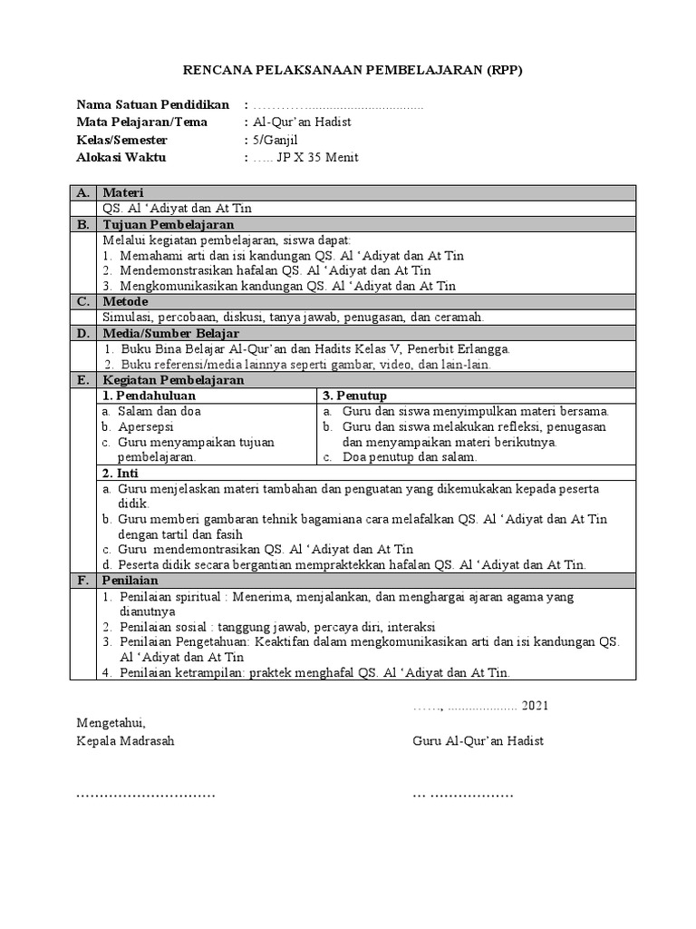 RPP QURDIS Kelas 5 | PDF