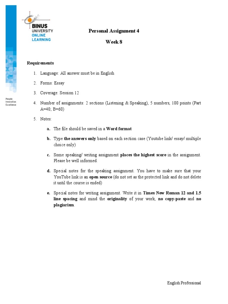 Personal Assignment 4 Week 8: English Professional | PDF | Essays | English Language