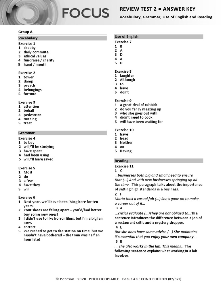 Focus4 2E Review Test 2 Units1 4 Vocabulary Grammar UoE Reading GroupA ...