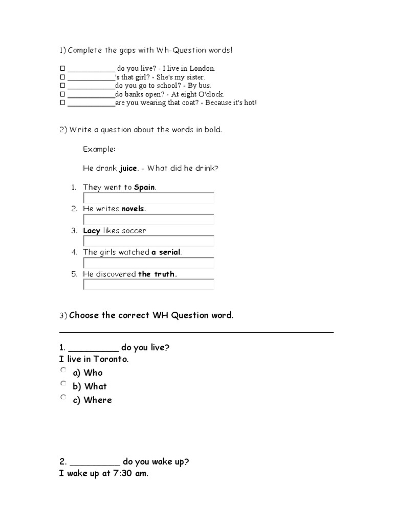 WH Questions Practice Worksheet | PDF
