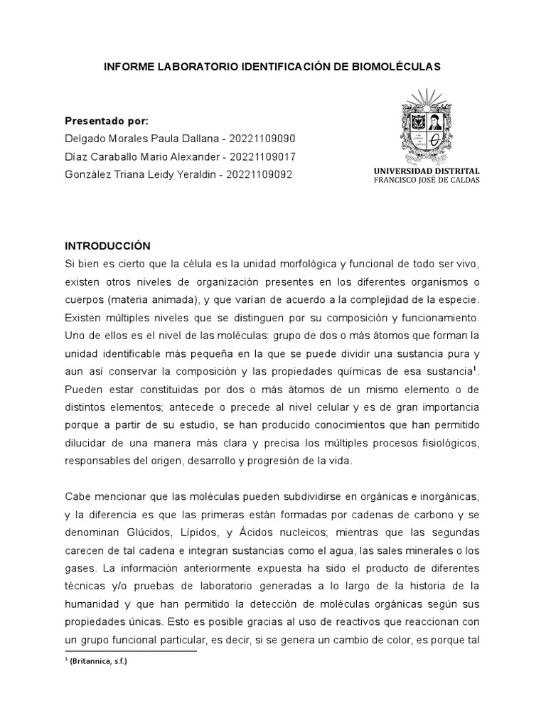 Informe Laboratorio Biomoléculas | PDF | Carbohidratos | Lípido
