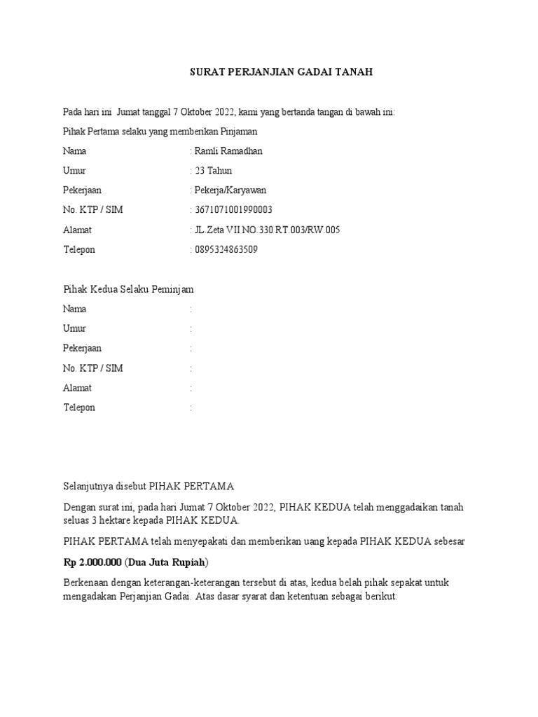 SURAT PERJANJIAN UTANG PIUTANG Alex | PDF