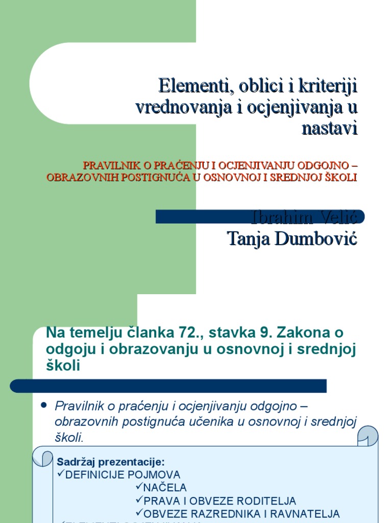 Elementi, Oblici I Kriteriji Ocjenjivanja | PDF