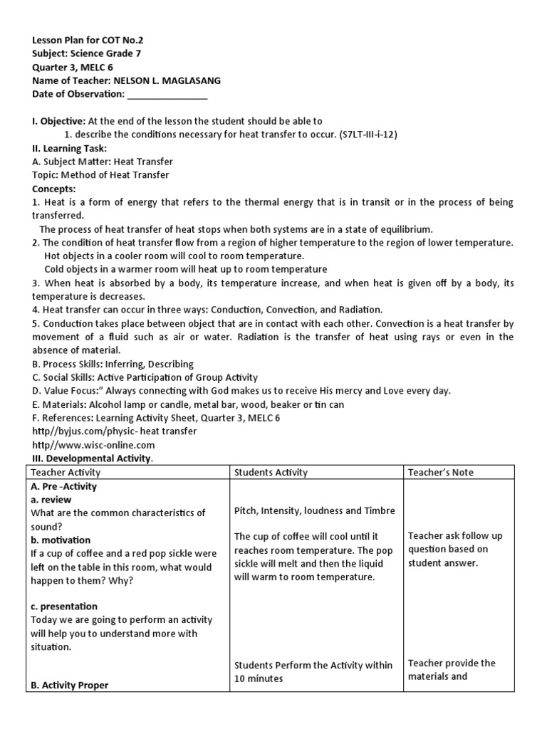Lesson Plan For COT No.2 | PDF | Heat Transfer | Heat