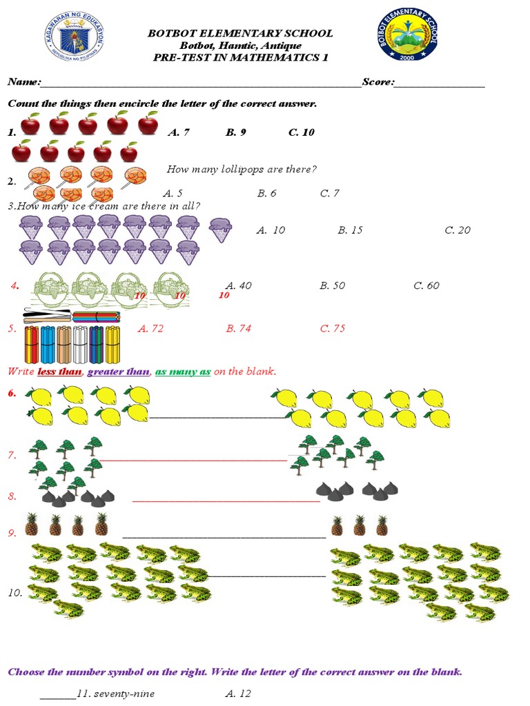 Math Pre-Test for Young Students | PDF