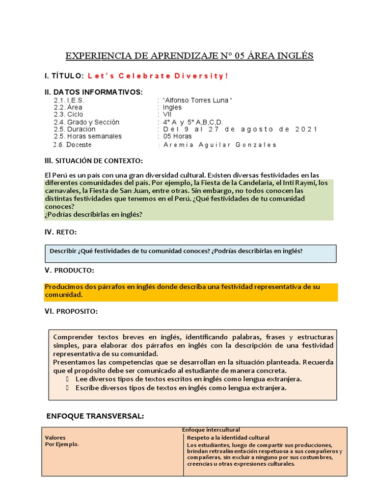 EXPERIENCIA DE APRENDIZAJE 5 PDF Inglés Aremia | PDF | Evaluación | Aprendizaje