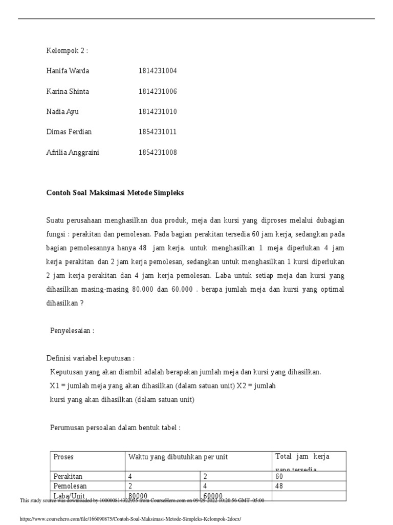 Contoh Soal Maksimasi Metode Simpleks Kelompok 2 | PDF