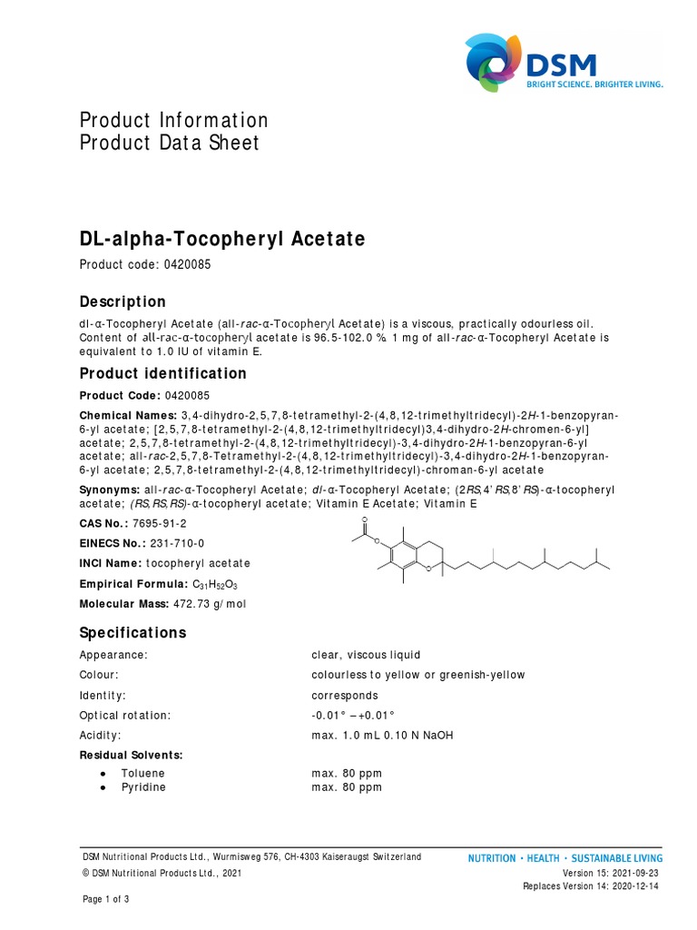 PDS - 0420085 - DL-alpha-Tocopheryl Acetate - en | PDF | Vitamin E ...