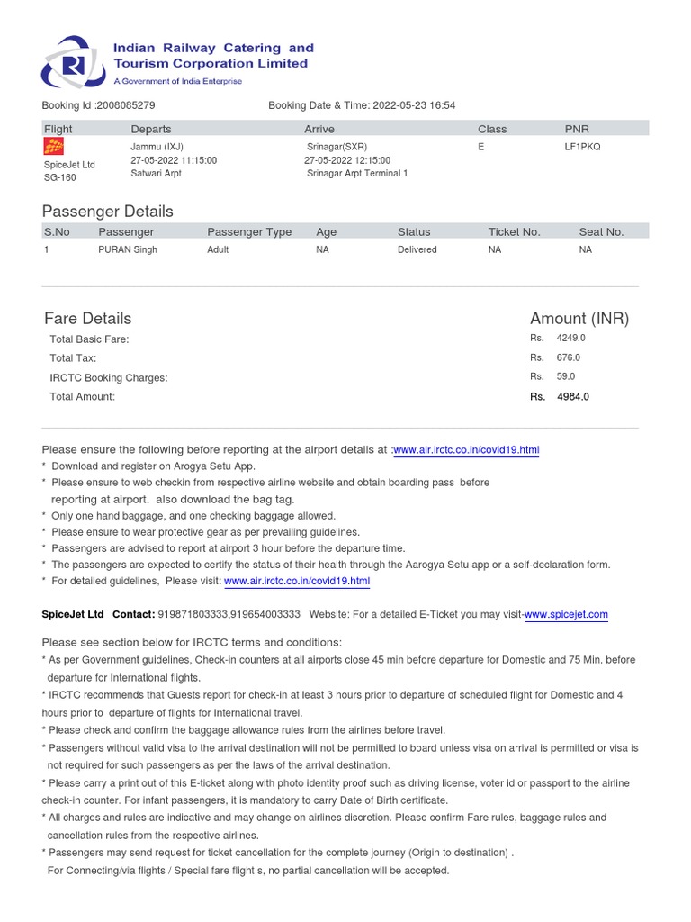 IRCTC Flights 2008085279 | PDF | Transport