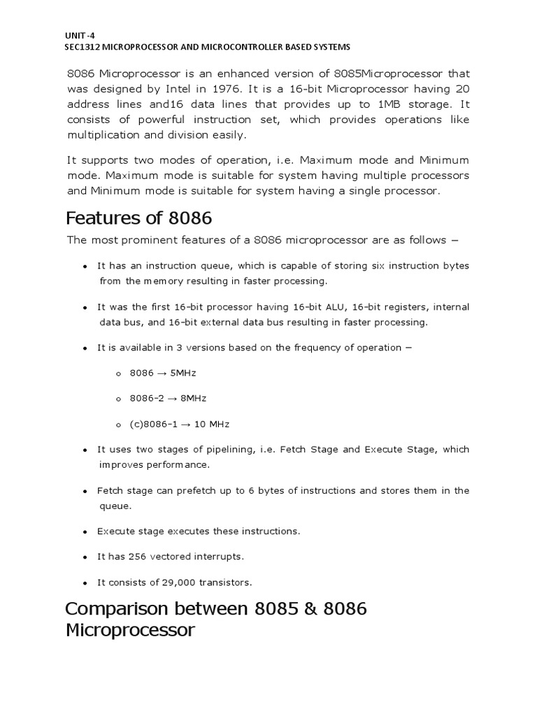 Features of 8086: Unit - 4 Sec1312 Microprocessor and Microcontroller Based Systems | PDF ...