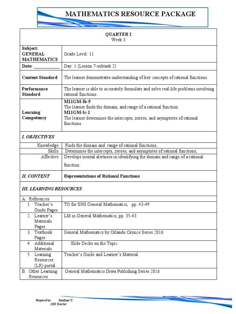 Genmath 11 (Determining X & y Intercepts) - Lesson Plan | PDF ...
