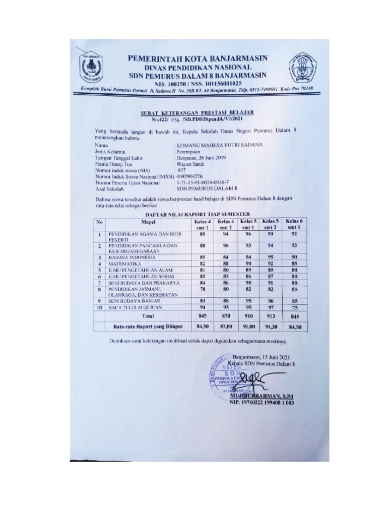 Surat Keterangan Daftar Nilai Raport | PDF