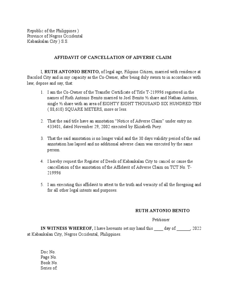 Affidavit to Cancel Adverse Claim | PDF