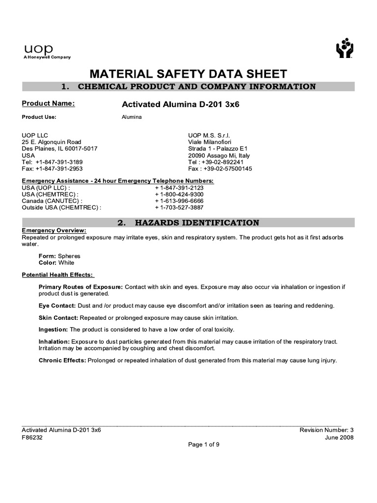 MSDS Activated Alumina D-201 | PDF