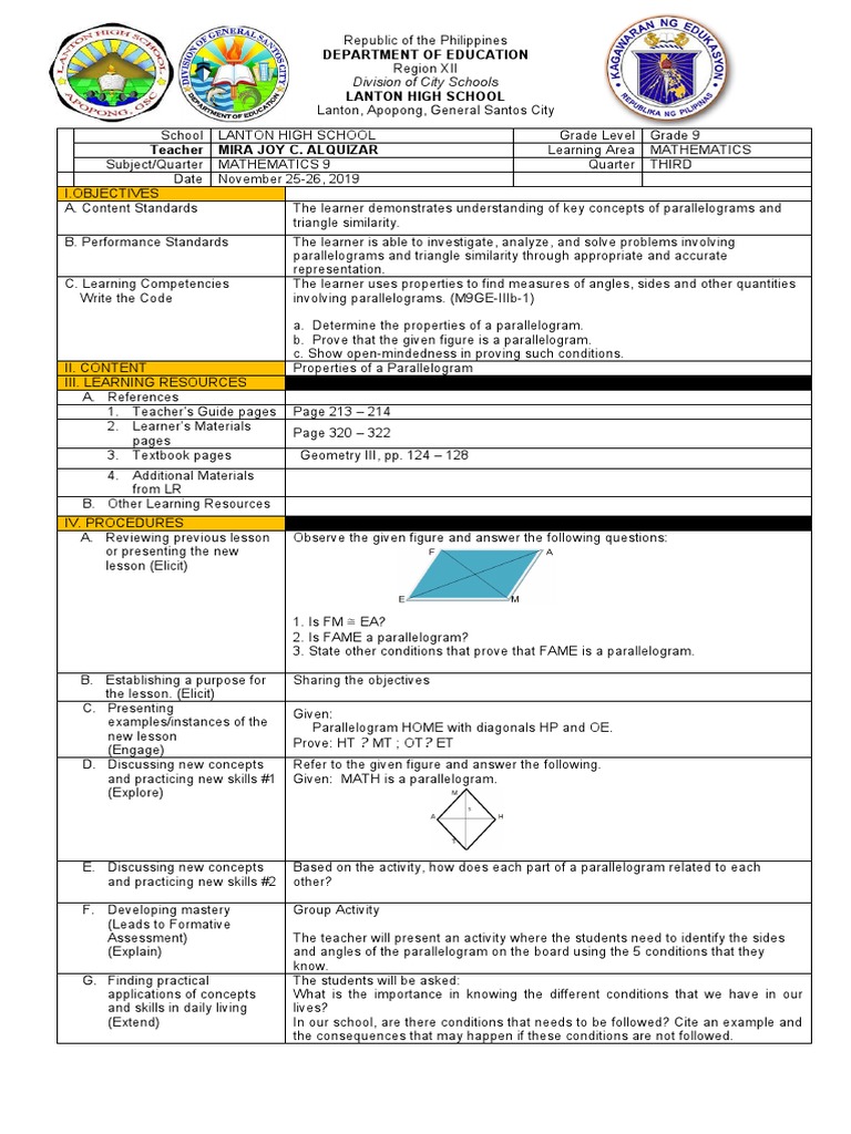 Grade 9 - Determine The Properties of A Parallelogram | PDF | Learning ...
