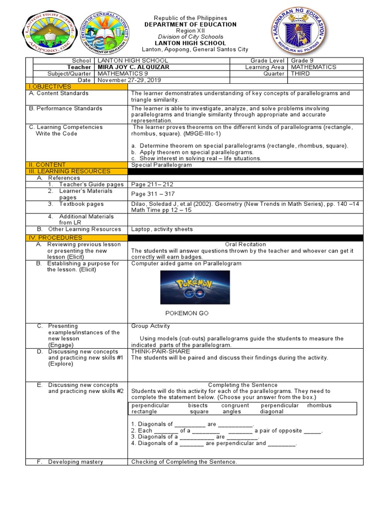 Grade 9 - Theorem On Special Parallelograms (Rectangle, Rhombus, Square ...